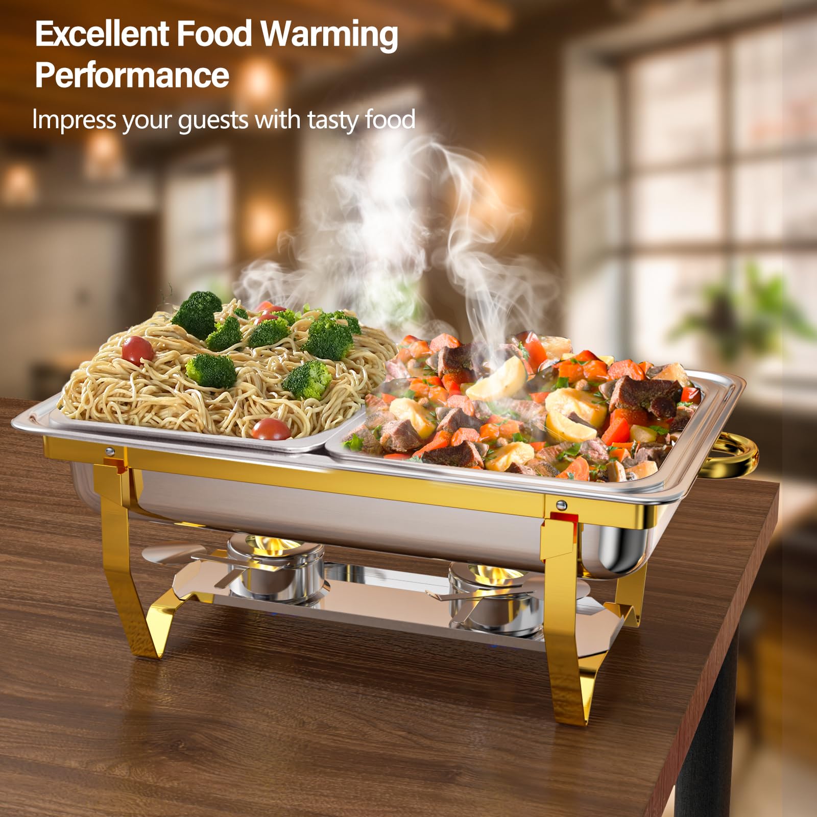 Jacgood 2 Pack 8 QT Chafing Dish Buffet Set, Gold Stainless Steel Catering Serve Chafer, Restaurant Food Warmer, Buffet Stove with Half Size Food Pan and Foldable Frame for Party