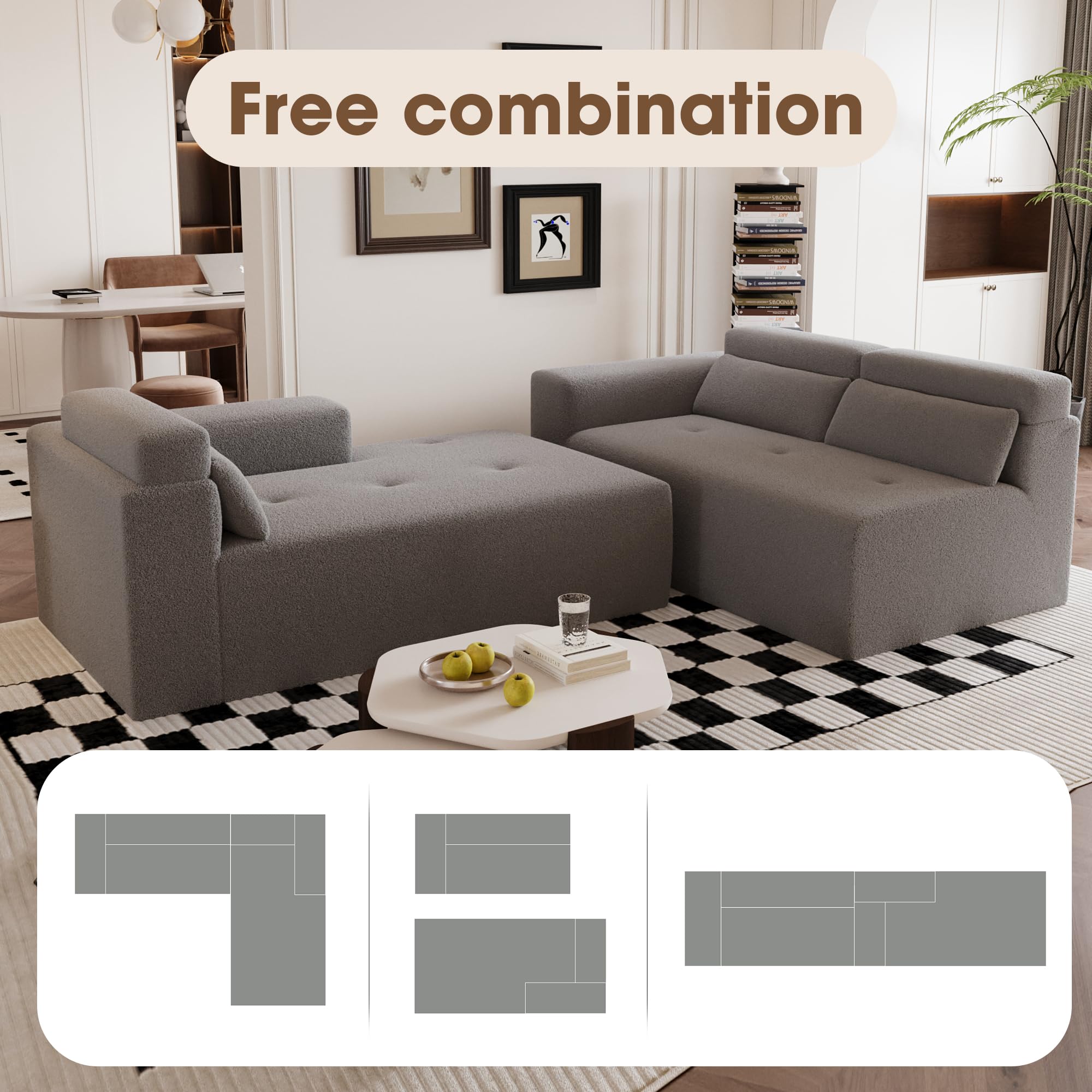 Kvutx 109 inches Modern Modular Sectional Sofa, Teddy Fabric L Shaped Couch, 3 Seater Couch, Modern Upholstered Couch with Chaise & Pillows for Living Room Apartment Grey