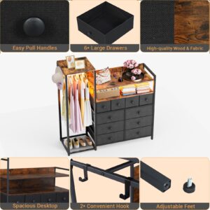 HPWLYO 10 Drawers LED Dresser for Bedroom, Black Fabric Dresser with Clothes Rack, Tall Storage Chest of Drawers, Dressers & Chests of Drawers, Wooden Top, Bedroom, Closet