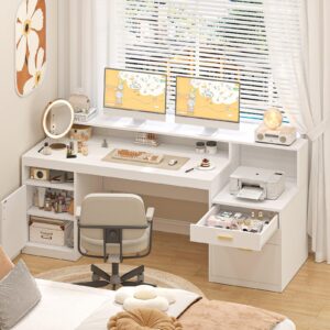 TVU 65" Computer Desk with 3 Drawer & Storage Shelves, Home Office Desk with File Drawer Cabinet, Executive Desk with Long Monitor Stand & Printer Shelf, White