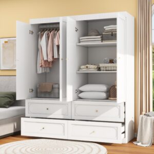 LABROSKIA Bedroom Armoire Wardrobe Closet with 4 Drawers: 74" White Wood Closet for Hanging Clothes, Cabinet for Clothes with 4 Doors, Large Wardrobe Closet with Shelves (White)