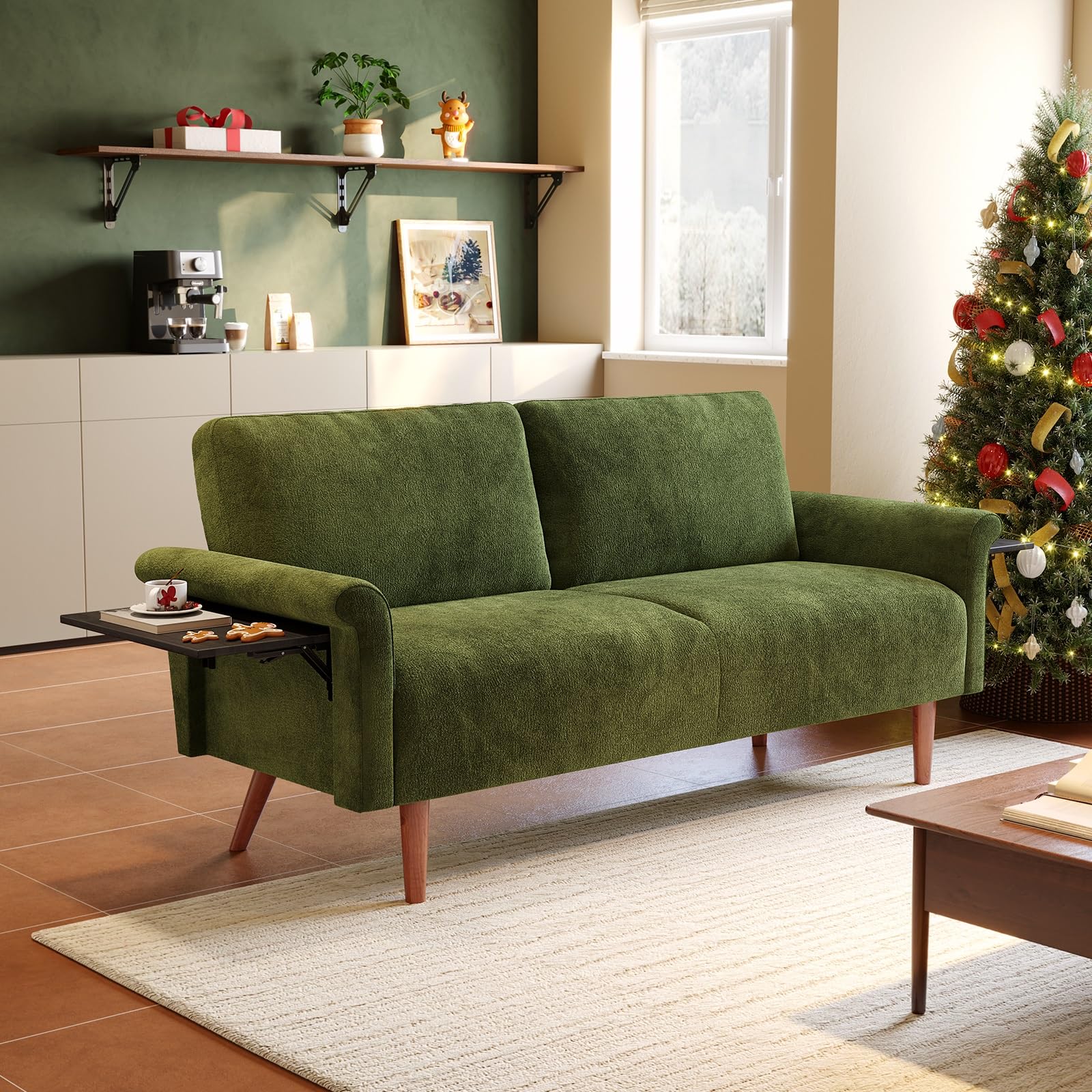 ONBRILL Small Loveseat Sofa, 70 Inch Love Seat Couches with Foldable Side Table, Modern Comfy Couch with Rolled Arms, Easy Assembly, Small Couch for Living Room, Bedroom, Dorm, Office, Green