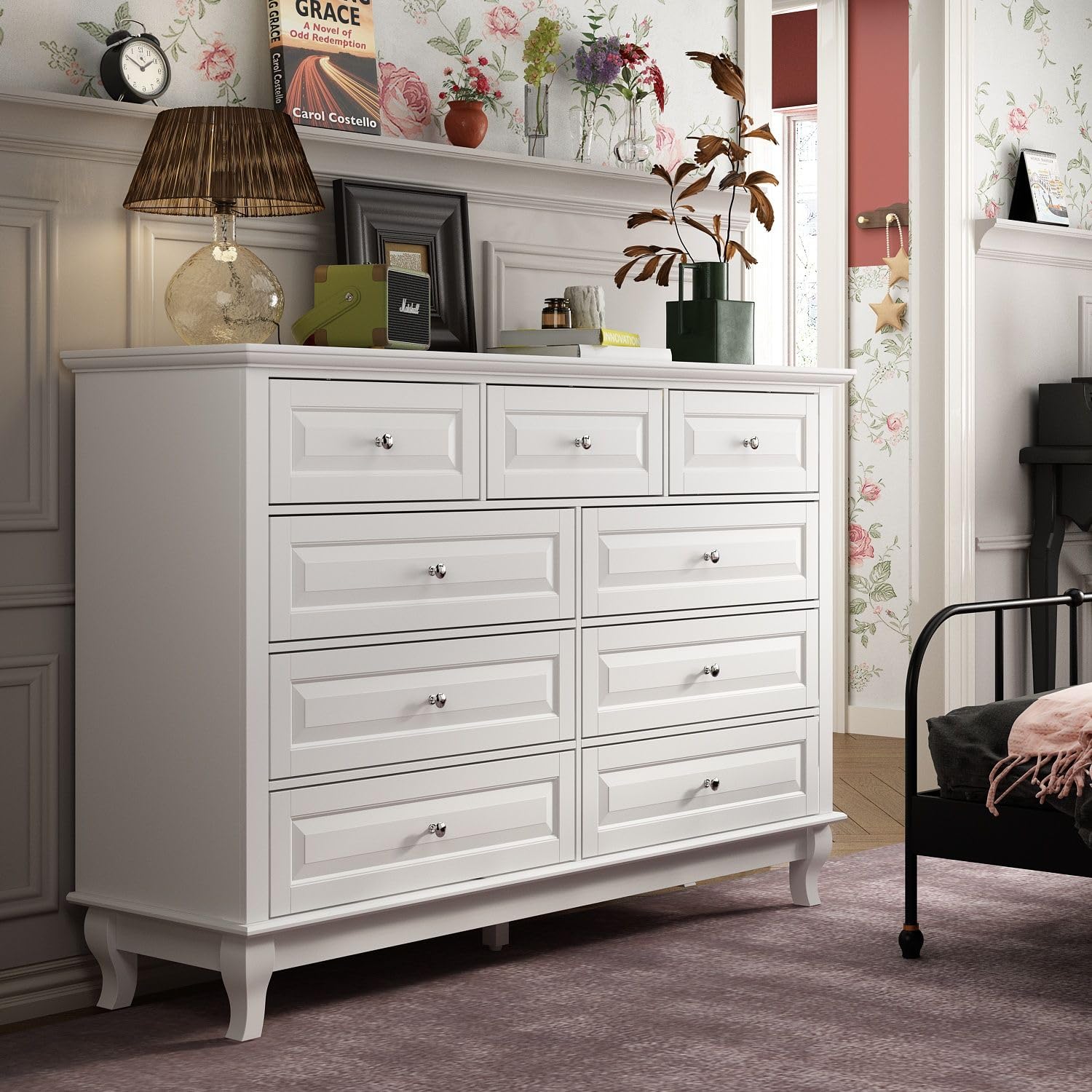 MOUMON Chest of Drawers 9 Drawer Dresser, Modern Contemporary Dresser with Sliver Handles, 9 Drawer Cabinet with Wooden Legs, White Dresser for Bedroom 55.1”W x 15.7”D x 37”H