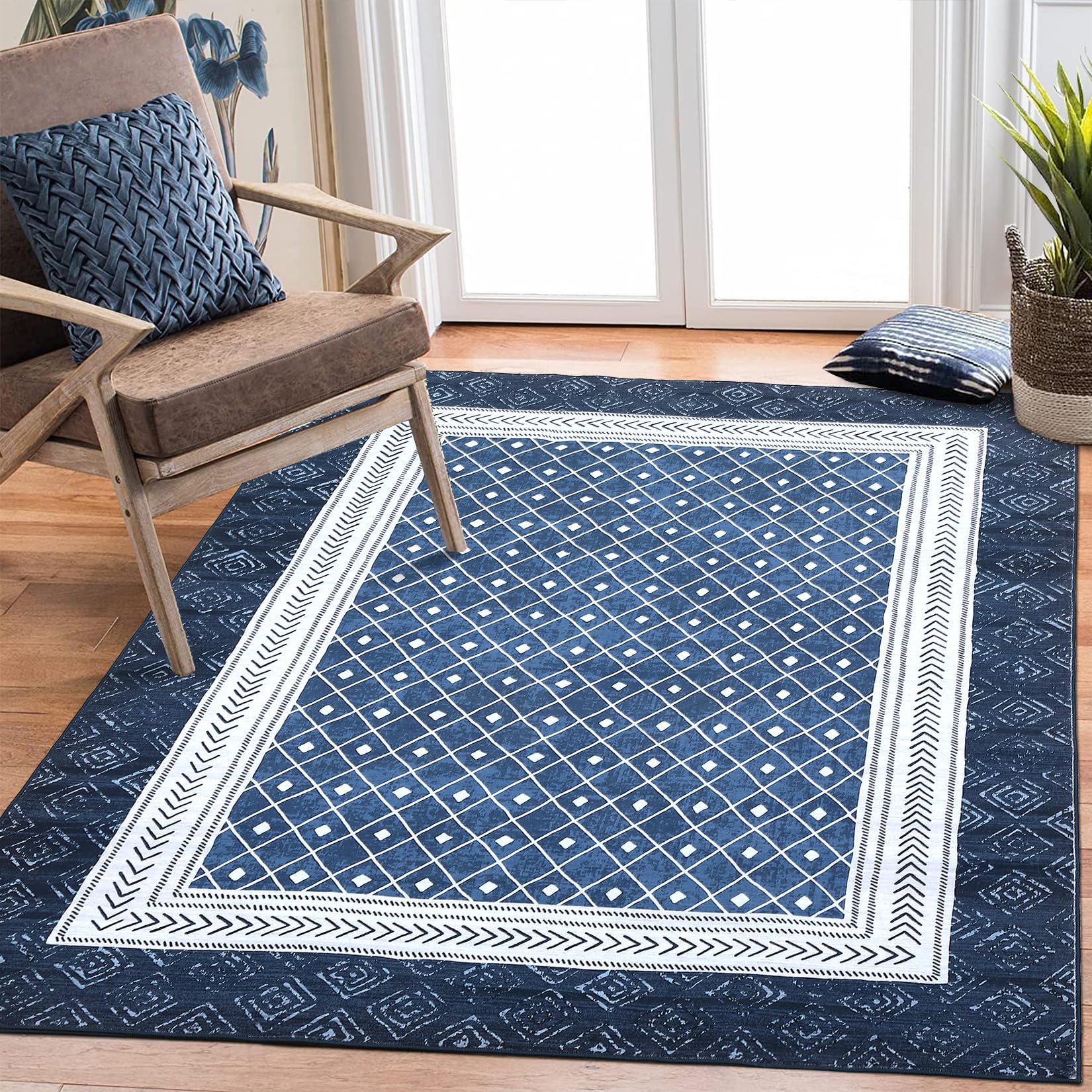 GarveeHome Modern Bordered 5x7 Area Rugs, Washable Rugs for Living Room Geometric Accent Rug Non Slip Non-Shedding Floor Carpet for Dining Room Indoor Kids Playroom, Navy