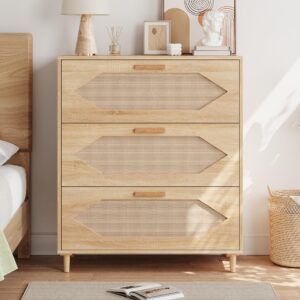 3 drawer rattan dresser for bedroom, rattan modern dresser wood chest of drawers, wooden storage cabinets for bedrooms, hallways, living rooms, and entryways, easy assemble, natural