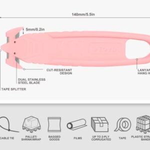 60-Pack Safety Box Cutter Knife of Recessed Concealed Stainless Steel Blade, Package Opener Plastic Cutter for Box, Carton, Shrink Wrap, Plastic Straps, 5colors