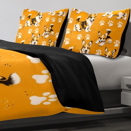 VAPOKF Duvet Covers Set Extra Longe Soft and Breathable Microfiber Comforter Bedding Set 1 Duvet Cover 2 Pillowcase with Zipper Closure for Kids Women Men, Clever Corgi Pawprints