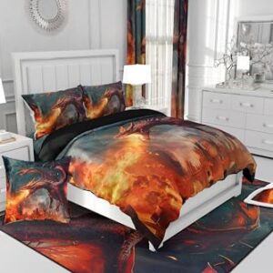 Feelyou Fire Dragon Bedding Set Fantasy Wild Animals Duvet Cover for Kids Boys Girls Jungle Animals Comforter Cover Mythical Creatures Bedspread Cover Room 2Pcs Toddler Size,Zipper,No Comforter