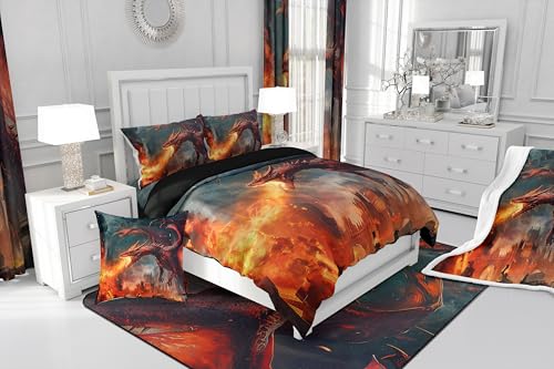 Feelyou Fire Dragon Bedding Set Fantasy Wild Animals Duvet Cover for Kids Boys Girls Jungle Animals Comforter Cover Mythical Creatures Bedspread Cover Room 2Pcs Toddler Size,Zipper,No Comforter