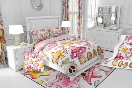 Pink Stars Hearts Bedding Set Tribal Cowgirl Hat Bedding Duvet Cover Kids Teens Gothic Skull Cute Comforter Cover Pink Yellow White Bedspread Cover Bedroom Quilt Cover 3Pcs Full,No Comforter