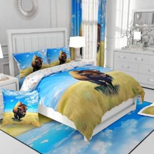 Feelyou Cute Buffalo Bedding Set Wild American Bison Duvet Cover King Size Bedroom Decor Ranch North American 3D Wild Animal Comforter Cover Set Blue Bedspread Cover with 2 Pillow Case(No Comforter)