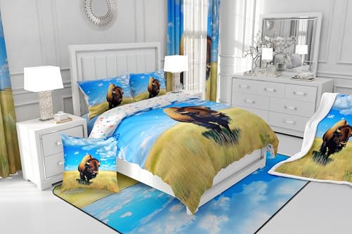 Feelyou Cute Buffalo Bedding Set Wild American Bison Duvet Cover King Size Bedroom Decor Ranch North American 3D Wild Animal Comforter Cover Set Blue Bedspread Cover with 2 Pillow Case(No Comforter)