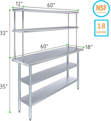 Express KitchQuip Stainless Steel Work Table with 2 Shelves | Metal Kitchen Prep Table & Shelving Combo (18" x 60" Table with 2 Shelves + 12" Overshelf)