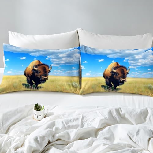 Feelyou Cute Buffalo Bedding Set Wild American Bison Duvet Cover King Size Bedroom Decor Ranch North American 3D Wild Animal Comforter Cover Set Blue Bedspread Cover with 2 Pillow Case(No Comforter)