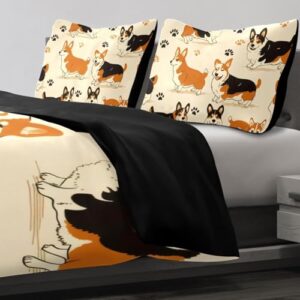 VAPOKF Duvet Covers Set Queen Size Soft and Breathable Microfiber Comforter Bedding Set 1 Duvet Cover 2 Pillowcase with Zipper Closure for Kids Women Men, Corgi Doga Paw Footprints