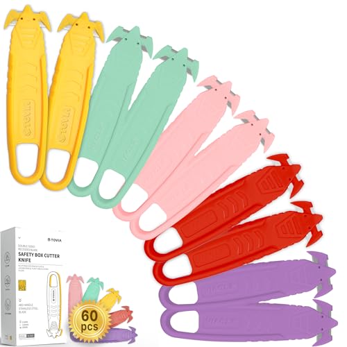 60-Pack Safety Box Cutter Knife of Recessed Concealed Stainless Steel Blade, Package Opener Plastic Cutter for Box, Carton, Shrink Wrap, Plastic Straps, 5colors