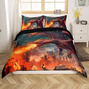 feelyou fire dragon bedding set fantasy wild animals duvet cover for kids boys girls jungle animals comforter cover mythical creatures bedspread cover room 2pcs toddler size,zipper,no comforter