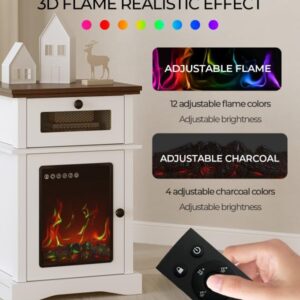 i-aplus White LED Nightstand Farmhouse Night Stand Fireplace Night Stand with Drawer LED Bedside Tables for Bedroom End Table