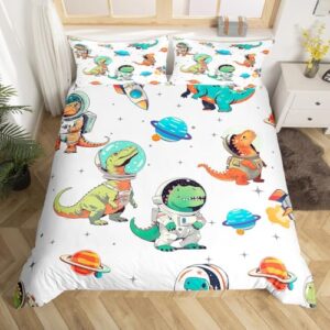 manfei kids cartoon dinos duvet cover set full size watercolor astronauts planets bedding set,dinosaurs wildlife comforter cover white green orange quilt cover bedroom decor,no comforter