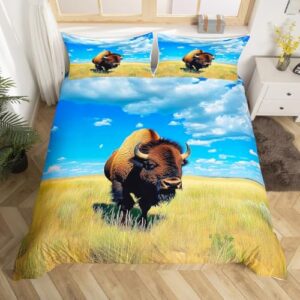 feelyou cute buffalo bedding set wild american bison duvet cover king size bedroom decor ranch north american 3d wild animal comforter cover set blue bedspread cover with 2 pillow case(no comforter)