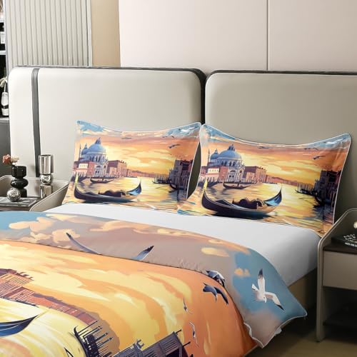 Manfei Venice Sunset Cotton Queen Size Bedding Set,Romantic Lake Boat Natural Sunshine Duvet Cover(No Comforter) for Bedroom,European Style Retro Bridge Building Quilt Cover,3Pcs