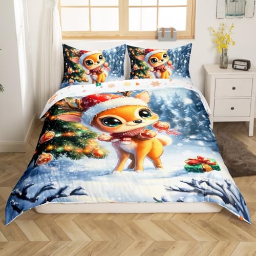 3D Kawaii Deer Duvet Cover Set Full Size 3 Pcs Glitter Green Christmas Tree Bedding Set for Kids Boys Girls Teens Cartoon Cute Wild Animal Rustic Style Quilt Cover with 2 Pillowcases(No Comforter)