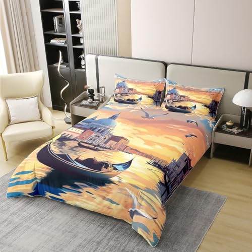 Manfei Venice Sunset Cotton Queen Size Bedding Set,Romantic Lake Boat Natural Sunshine Duvet Cover(No Comforter) for Bedroom,European Style Retro Bridge Building Quilt Cover,3Pcs