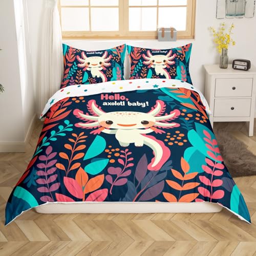 Feelyou Kids Cute Axolotl Comforter Cover Twin Size, Ocean Sealife Duvet Cover Boys Girls Cartoon Salamander Bedding Set for Kawaii Animal Bedspread Cover Soft Quilt Cover 2Pcs (No Comforter)