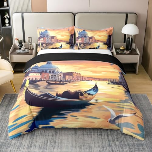 Manfei Venice Sunset Cotton Queen Size Bedding Set,Romantic Lake Boat Natural Sunshine Duvet Cover(No Comforter) for Bedroom,European Style Retro Bridge Building Quilt Cover,3Pcs