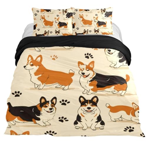 VAPOKF Duvet Covers Set Queen Size Soft and Breathable Microfiber Comforter Bedding Set 1 Duvet Cover 2 Pillowcase with Zipper Closure for Kids Women Men, Corgi Doga Paw Footprints