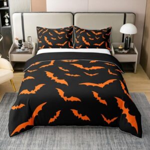 erosebridal bat halloween decor 100% natural cotton bed set queen size,cartoon wildlife soft breathable comforter cover,orange bats bird bedroom decor duvet cover,gothic wild animals cozy quilt cover