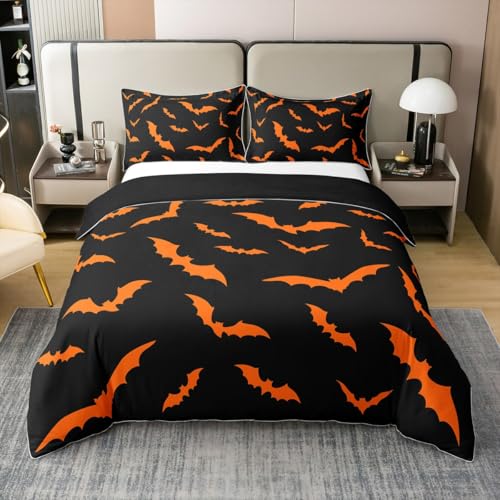 Erosebridal Bat Halloween Decor 100% Natural Cotton Bed Set Queen Size,Cartoon Wildlife Soft Breathable Comforter Cover,Orange Bats Bird Bedroom Decor Duvet Cover,Gothic Wild Animals Cozy Quilt Cover