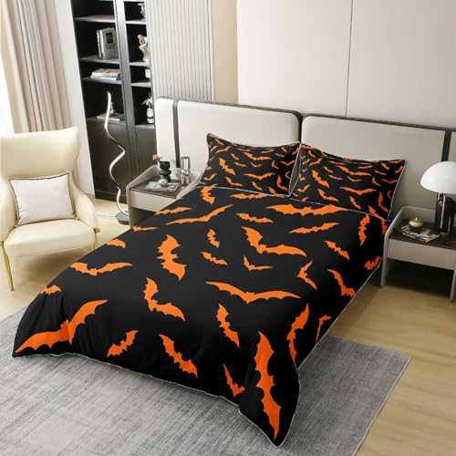 Erosebridal Bat Halloween Decor 100% Natural Cotton Bed Set Queen Size,Cartoon Wildlife Soft Breathable Comforter Cover,Orange Bats Bird Bedroom Decor Duvet Cover,Gothic Wild Animals Cozy Quilt Cover