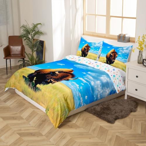 Feelyou Cute Buffalo Bedding Set Wild American Bison Duvet Cover King Size Bedroom Decor Ranch North American 3D Wild Animal Comforter Cover Set Blue Bedspread Cover with 2 Pillow Case(No Comforter)