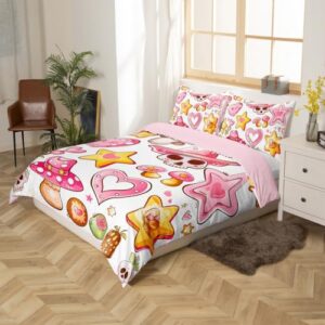 Pink Stars Hearts Bedding Set Tribal Cowgirl Hat Bedding Duvet Cover Kids Teens Gothic Skull Cute Comforter Cover Pink Yellow White Bedspread Cover Bedroom Quilt Cover 3Pcs Full,No Comforter