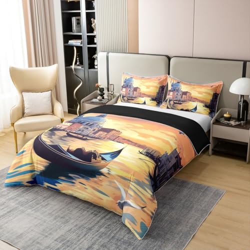 Manfei Venice Sunset Cotton Queen Size Bedding Set,Romantic Lake Boat Natural Sunshine Duvet Cover(No Comforter) for Bedroom,European Style Retro Bridge Building Quilt Cover,3Pcs