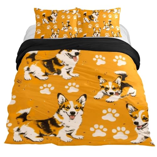 VAPOKF Duvet Covers Set Extra Longe Soft and Breathable Microfiber Comforter Bedding Set 1 Duvet Cover 2 Pillowcase with Zipper Closure for Kids Women Men, Clever Corgi Pawprints