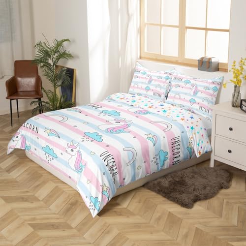 Feelyou Cute Unicorn Bedding Set Twin Size Pink Blue Stripe Duvet Cover for Kids Boys Girls Teens Rainbow Cloud Comforter Cover Set Kawaii Bedspread Cover 2Pcs Zipper