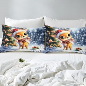 3D Kawaii Deer Duvet Cover Set Full Size 3 Pcs Glitter Green Christmas Tree Bedding Set for Kids Boys Girls Teens Cartoon Cute Wild Animal Rustic Style Quilt Cover with 2 Pillowcases(No Comforter)