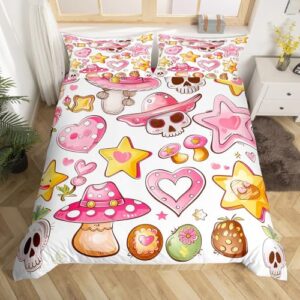 pink stars hearts bedding set tribal cowgirl hat bedding duvet cover kids teens gothic skull cute comforter cover pink yellow white bedspread cover bedroom quilt cover 3pcs full,no comforter