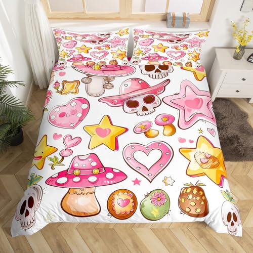 Pink Stars Hearts Bedding Set Tribal Cowgirl Hat Bedding Duvet Cover Kids Teens Gothic Skull Cute Comforter Cover Pink Yellow White Bedspread Cover Bedroom Quilt Cover 3Pcs Full,No Comforter