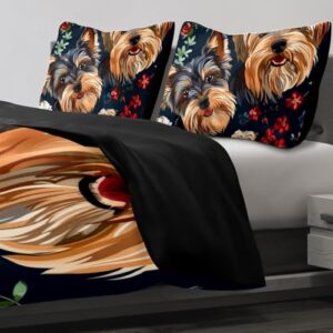 VAPOKF Duvet Covers Set Queen Size Soft and Breathable Microfiber Comforter Bedding Set 1 Duvet Cover 2 Pillowcase with Zipper Closure for Kids Women Men, Yorkshire Terrier Florals