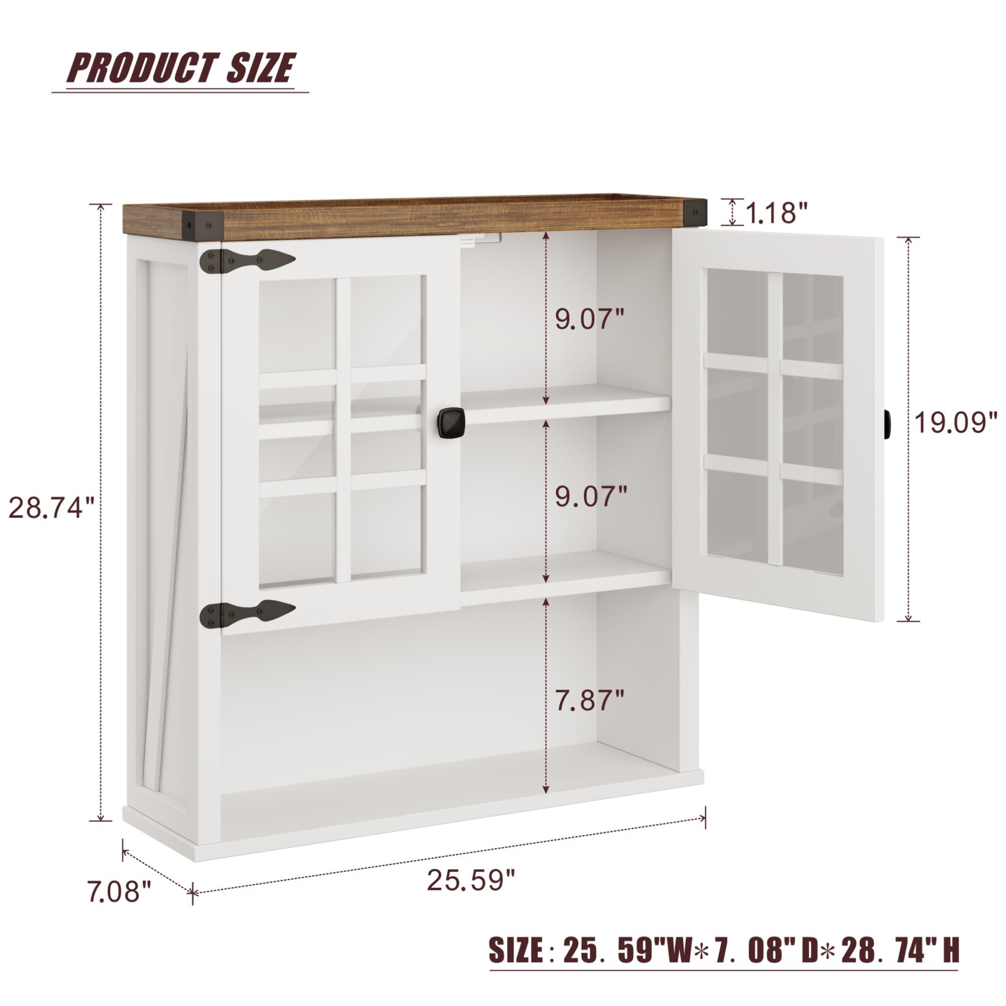 FREDEES Farmhouse Bathroom Wall Cabinet, Over The Toilet Storage Cabinet, Large Medicine Cabinet Organizer with 2 Doors and Shelf for Kitchen, Living Room, 26x29 inch, Antique White