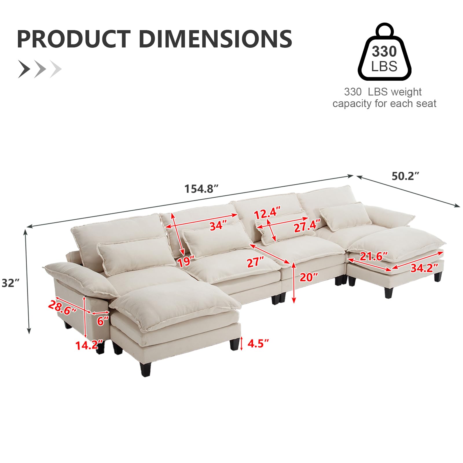 154" Oversized Modular Sectional Sofa , Ice Velvet Large U-Shaped Couch Comfy Upholstered 4-Seat Sofa with 2 Movable Ottoman, 4 Lumbar Pillow, Deep Seat Couch for Living Room,DIY Combination Beige