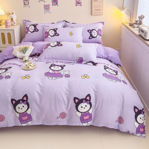 sleepwish 3 pieces cute cat rabbit print duvet cover set 71"x87" purple bedding set for kids teens girls bed cover with 2 pillowcases