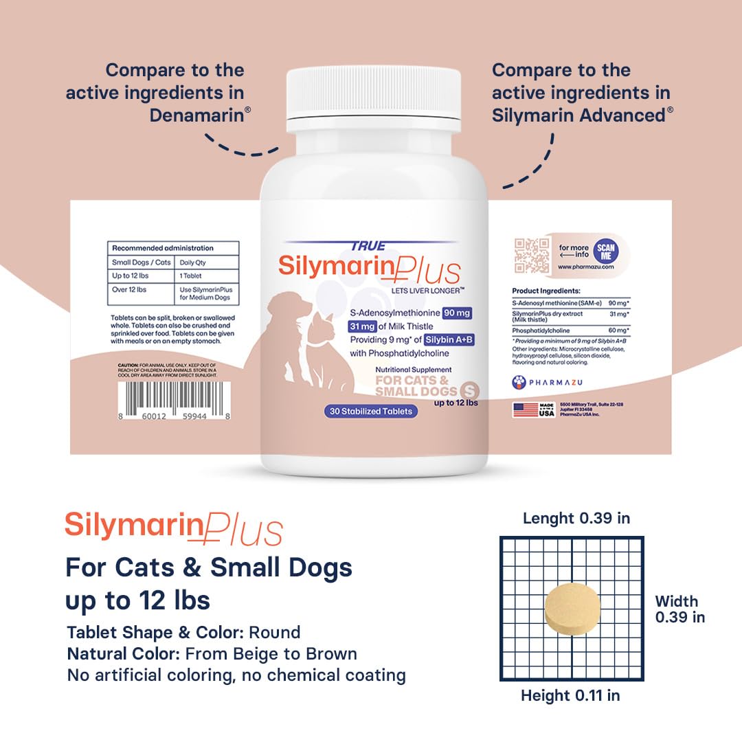 Liver Support & Health Supplement for Small Dogs and Cats – (Milk Thistle) Silymarin & Silybin Formula, (Same), S-Adenosylmethionine, 30 Tablets for Liver Detox & Support