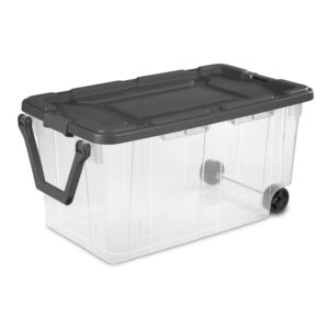 k&j chipmunk storage bin 40 gallon 160 quart plastic rolling stacker box wheeled storage box, lidded stackable storage bin container for home, garage, and camping clear base & gray lid 2-pack