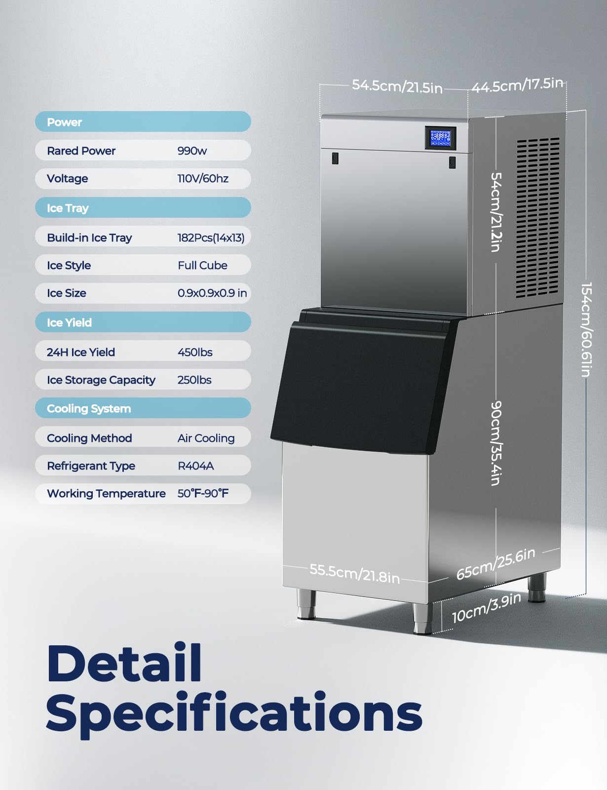 Pro 22" Commercial Ice Maker Machine 450LBS/24H with 250LBS Storage Bin, Powerfull Compressor, 182 Full Cube Ice Ready in 8-15 min, Air Cooled, Upgraded Industrial Ice Machine for Business