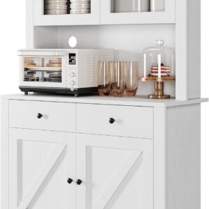 GarveeHome Kitchen Pantry Cabinet with Microwave Stand, Freestanding Hutch Cabinet with Buffet Cupboard, Tall Kitchen Cabinets with Adjustable Shelves for Kitchen, Dining Room, White