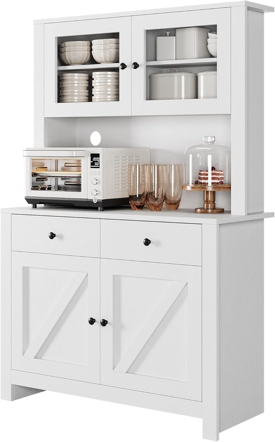 GarveeHome Kitchen Pantry Cabinet with Microwave Stand, Freestanding Hutch Cabinet with Buffet Cupboard, Tall Kitchen Cabinets with Adjustable Shelves for Kitchen, Dining Room, White